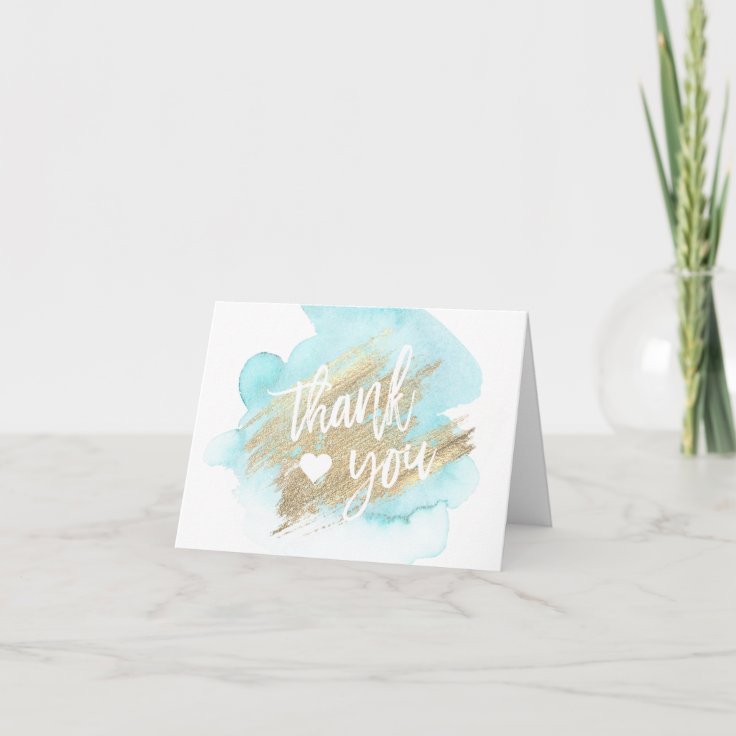 THANK YOU Blue Turquoise Gold Heart Watercolor | Zazzle