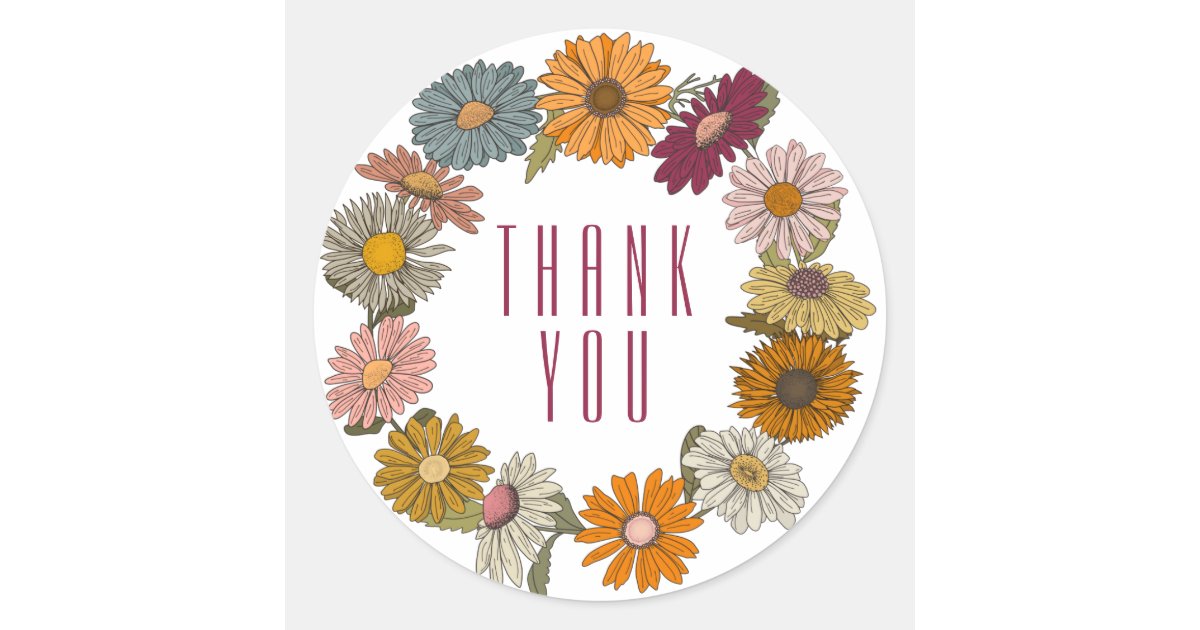 Thank you Boho hippy retro vintage daisies wreath Classic Round Sticker ...
