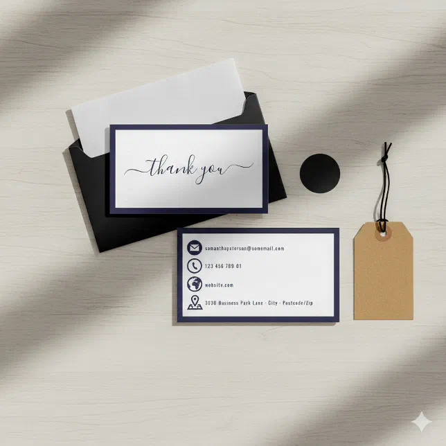 Thank you bold border and blue icons elegant enclosure card | Zazzle