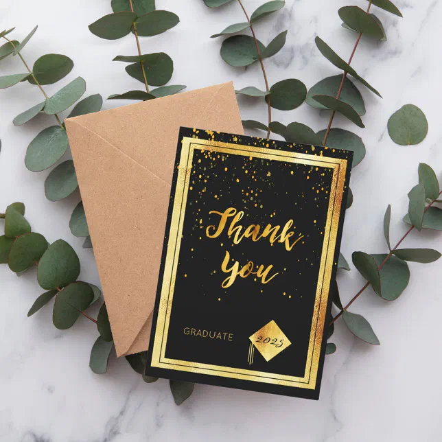 Thank you card graduation black gold confetti | Zazzle