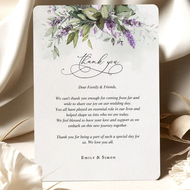 Thank You Card Lavender Greenery Script Wedding | Zazzle