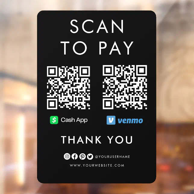 Thank you Cash App Venmo Scan to Pay QR Code Black Window Cling | Zazzle