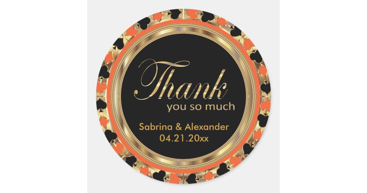 Thank You Casino Poker Chip in Orange & Gold Classic Round Sticker | Zazzle