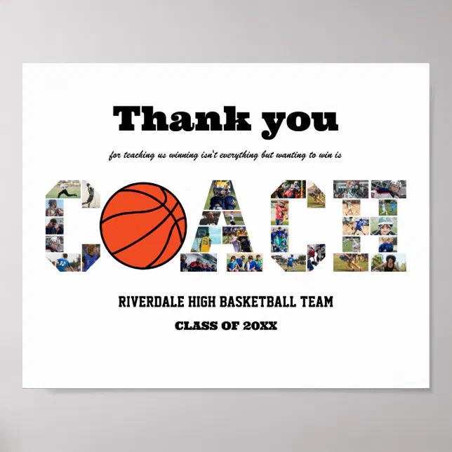 Thank You Coach Basketball Team Photo Collage Poster | Zazzle