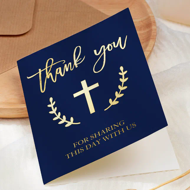Thank you confirmation gold leaf navy blue foil greeting card | Zazzle