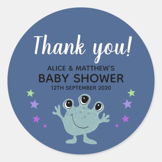 Thank You Cute Boys Space Alien Baby Shower Classic Round Sticker ...