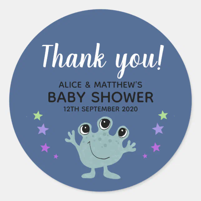 Thank You Cute Boys Space Alien Baby Shower Classic Round Sticker | Zazzle
