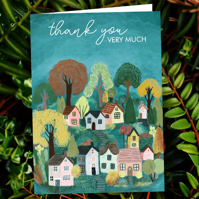 THANK YOU Cute Country Village Illustration Card | Zazzle