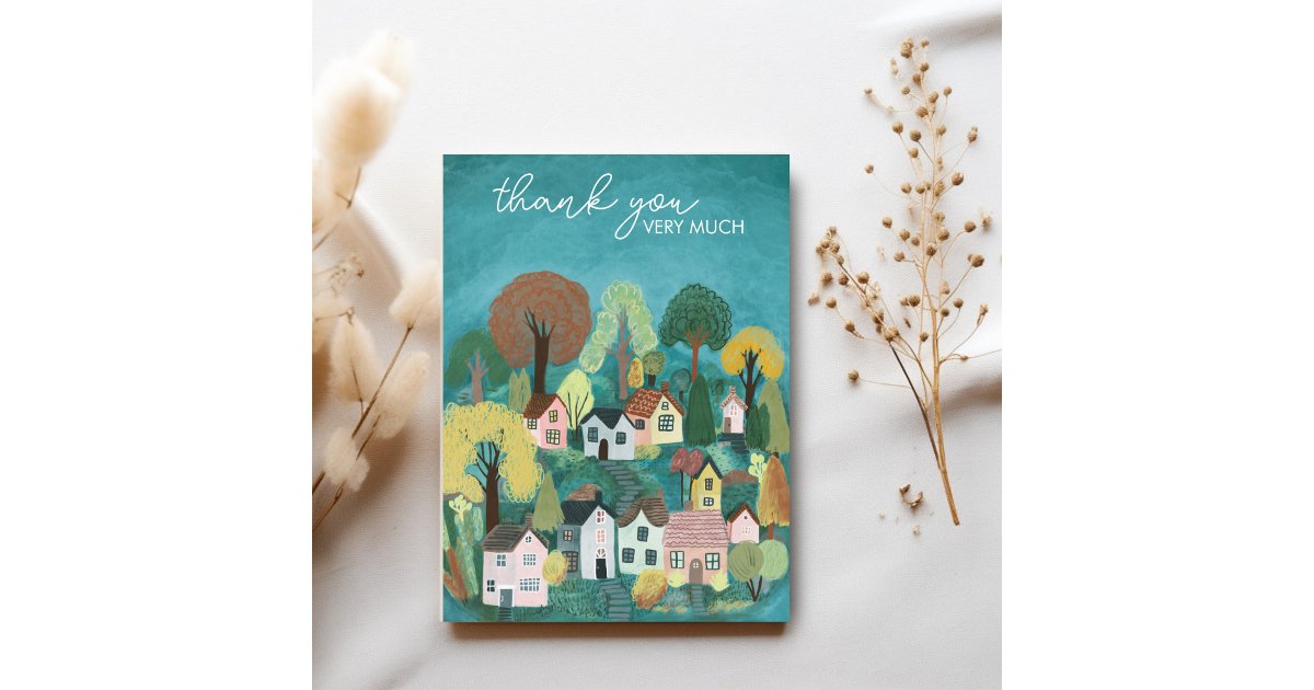 THANK YOU Cute Country Village Illustration Postcard | Zazzle