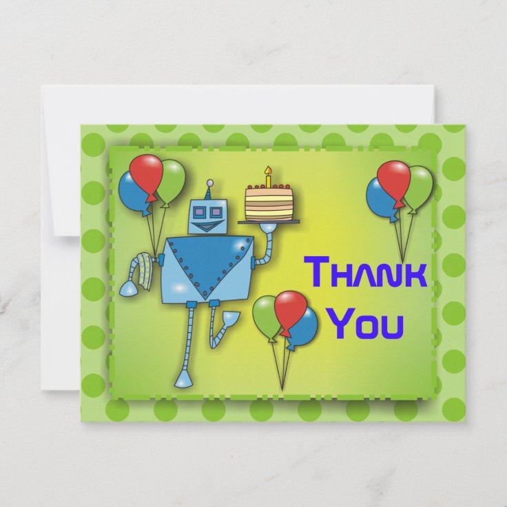 Thank You Cute Robot with Balloons Green Cards | Zazzle