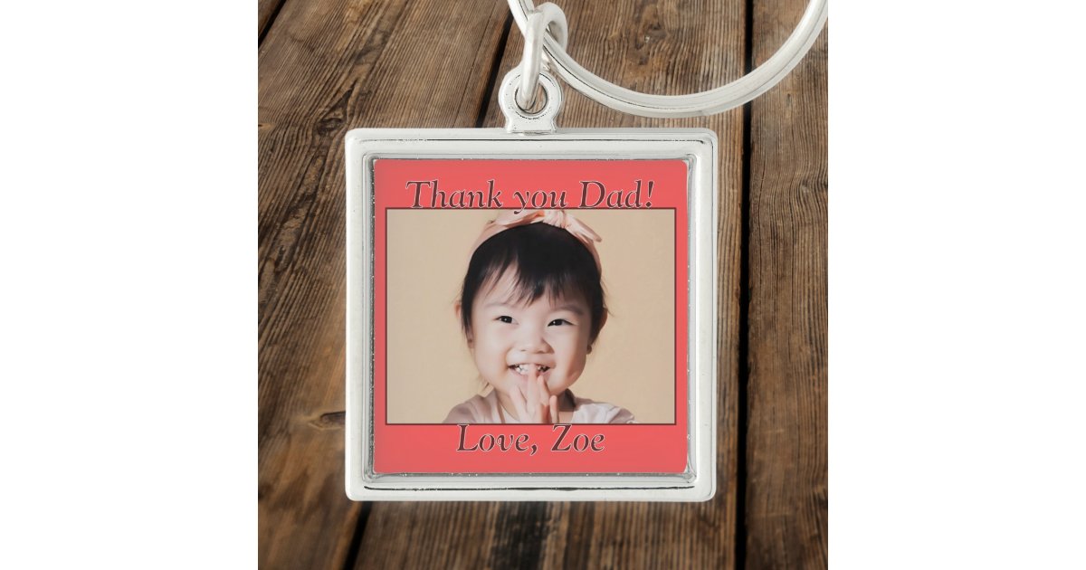 Thank you Dad in red, photo and name Keychain | Zazzle