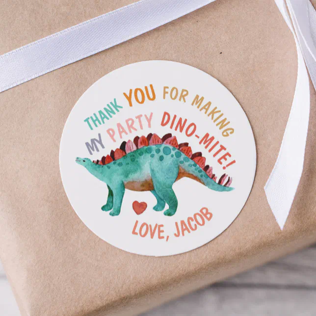 Thank You Dino-Mite Watercolor Dinosaur Classic Round Sticker | Zazzle