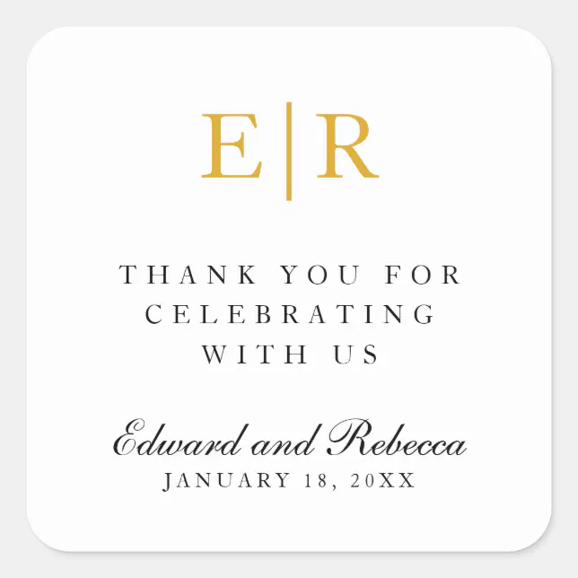 Thank You Elegant Gold Monogram Wedding Square Sticker | Zazzle