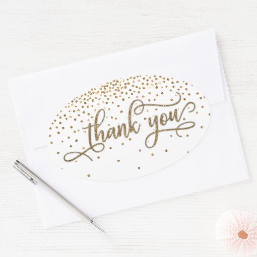 Thank You Elegant Script, Gold Glitter & Confetti Oval Sticker | Zazzle