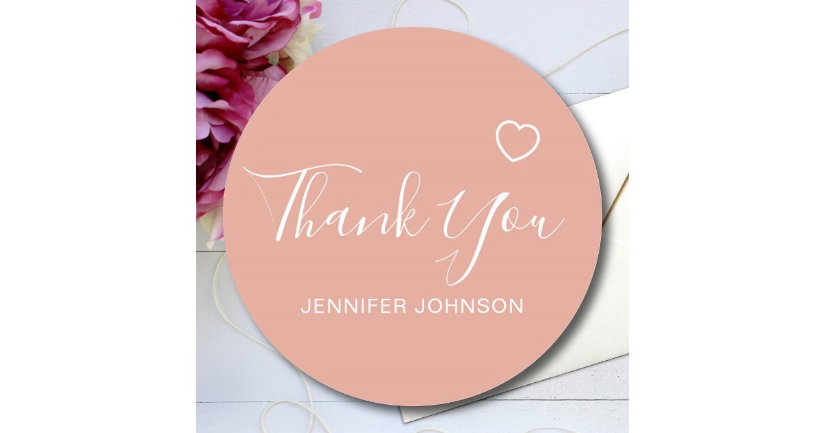 Thank You Elegant Script Text Name Heart Pink Classic Round Sticker ...