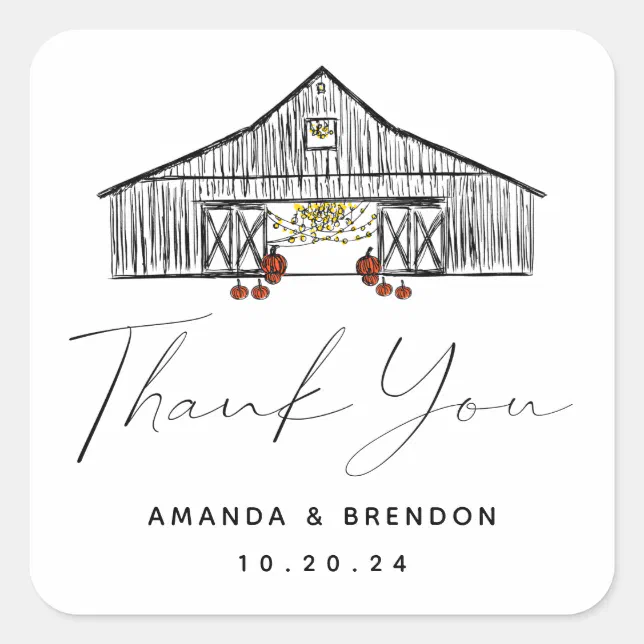 Thank You Fall Barn Pumpkins Wedding Square Sticker | Zazzle