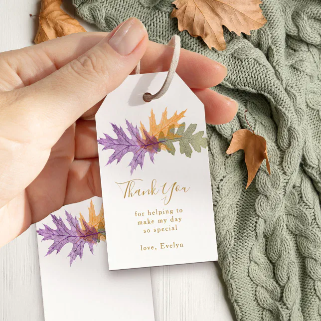 Thank You Fall Foliage Elegant Gold Script Gift Tags | Zazzle
