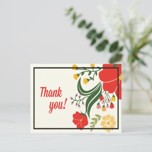 Thank You Floral Red, Green Flower Postcard | Zazzle