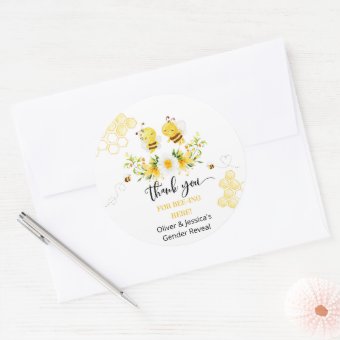Thank you for beeing here Bee gender reveal Classic Round Sticker | Zazzle