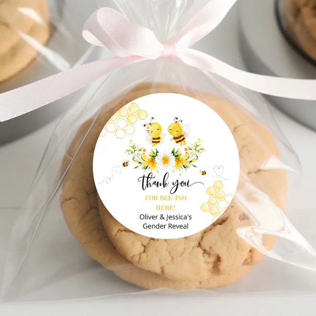Thank you for beeing here Bee gender reveal Classic Round Sticker | Zazzle