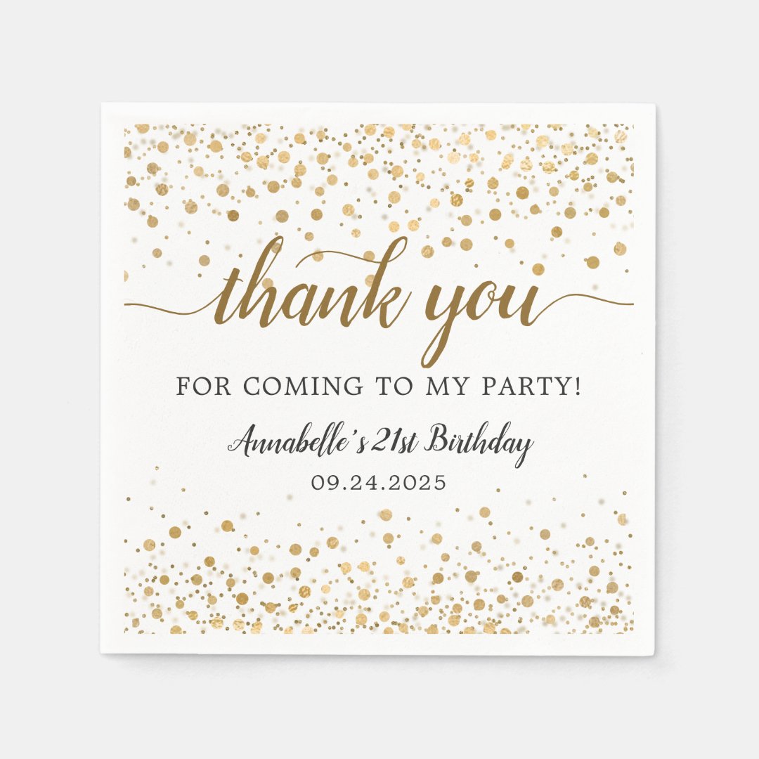 Thank You For Coming Gold Confetti 21st Birthday Napkins | Zazzle