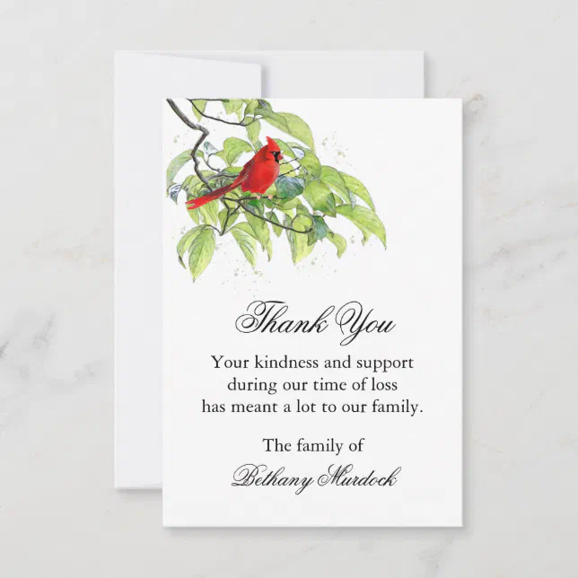 Thank You Funeral Card, Cardinal on a Limb Note Card | Zazzle