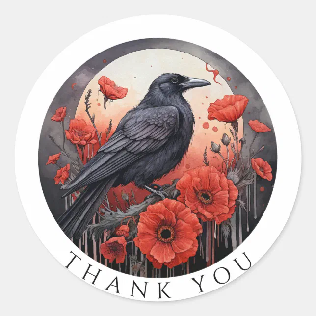 Thank You Gift Stickers Crow Bird Flowers Sticker | Zazzle