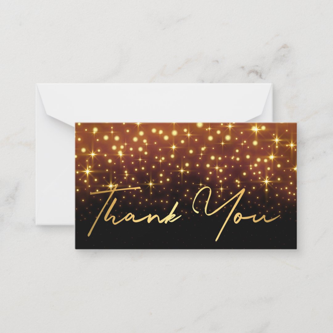 thank you gold handwriting black golden sparkles note card | Zazzle