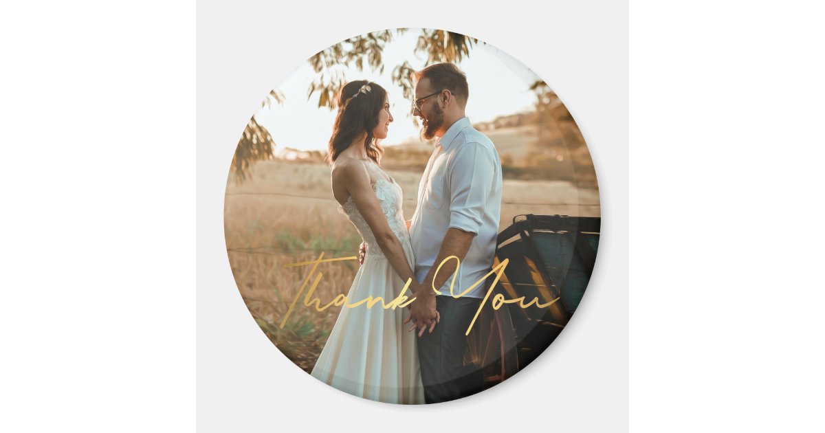 thank you, gold handwriting wedding photo magnet | Zazzle