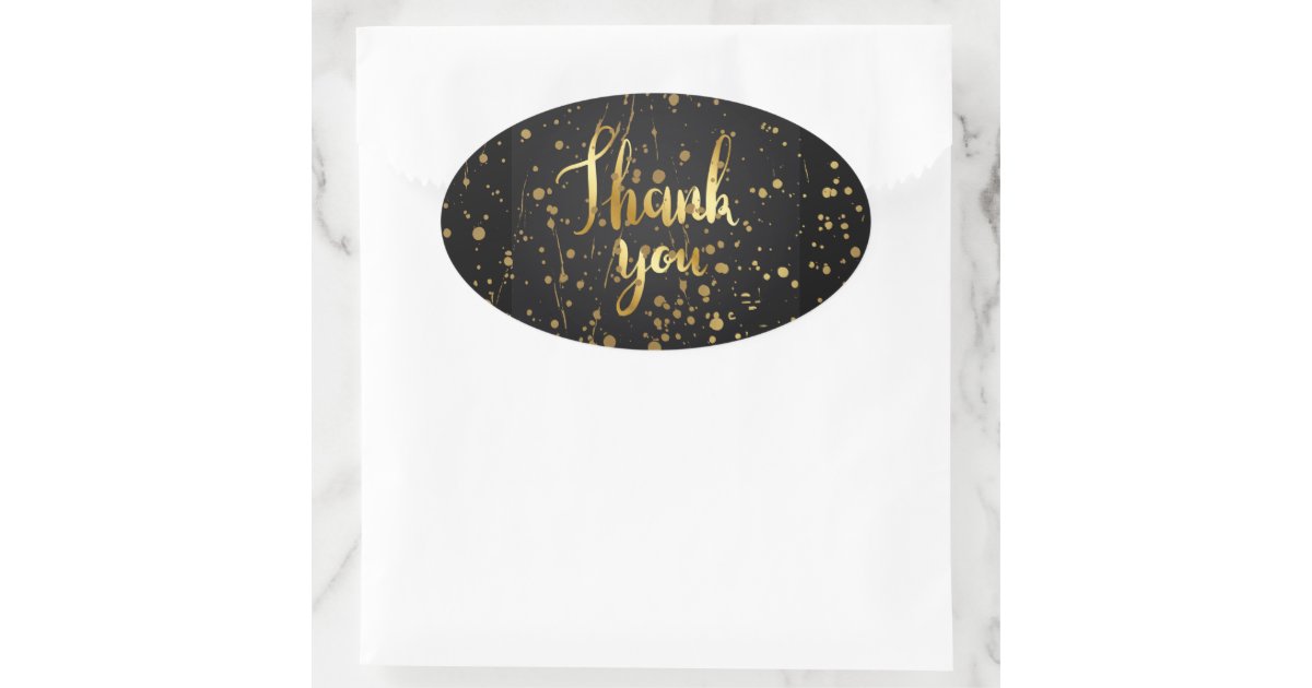 Thank you, gold text on black background, oval sticker | Zazzle