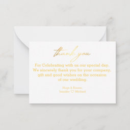 thank you,golden handwritting wedding photo note card | Zazzle