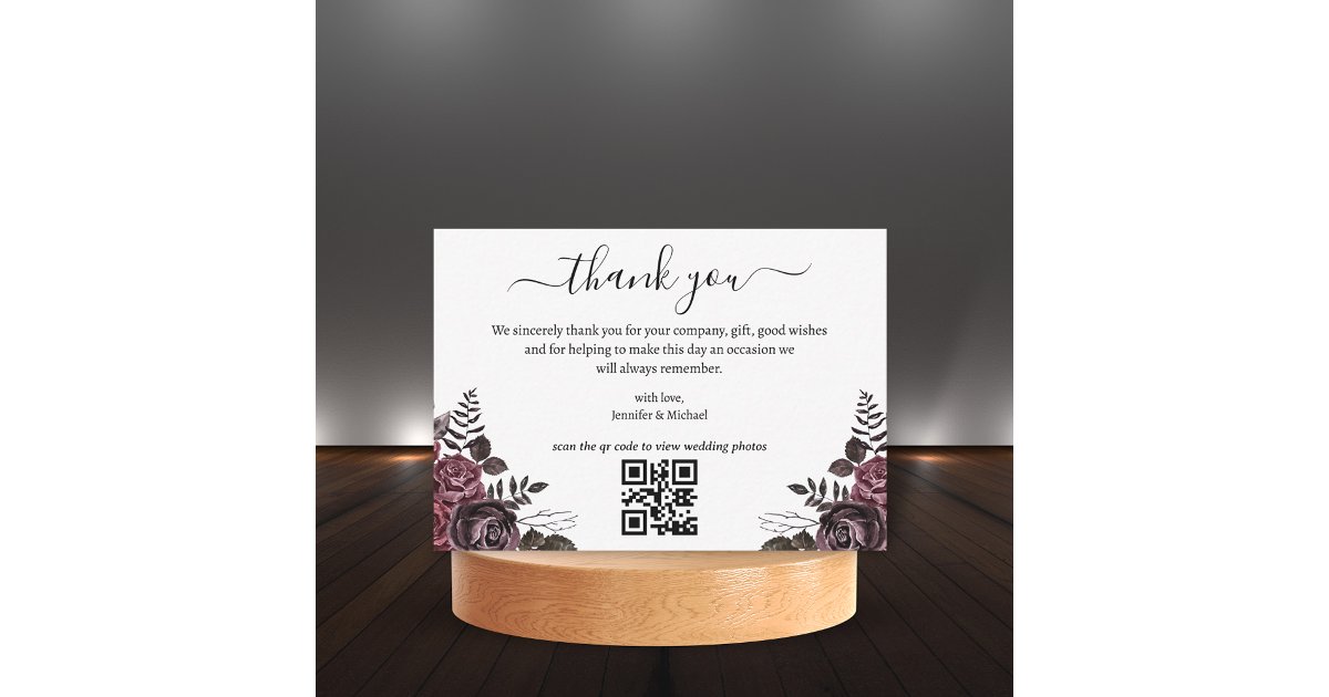 thank you gothic floral wedding qr code note card | Zazzle