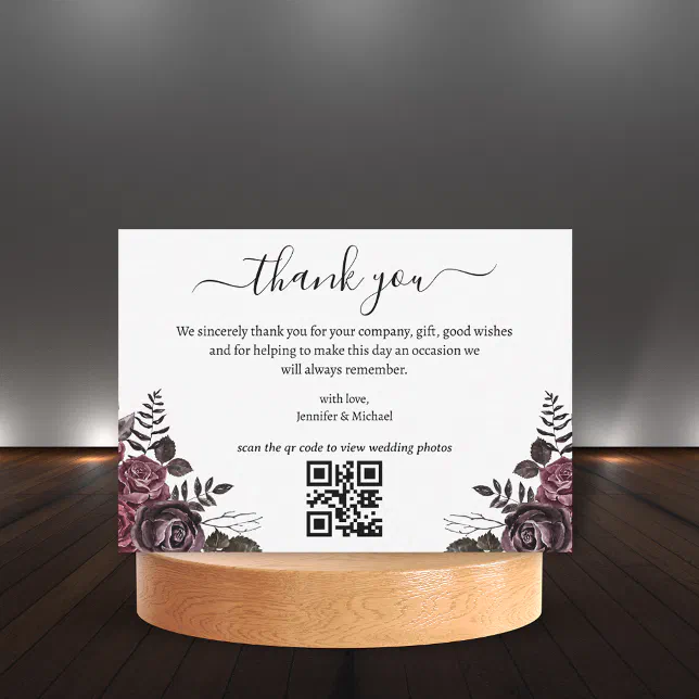 thank you gothic floral wedding qr code note card | Zazzle