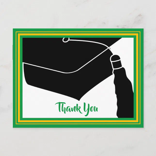 Thank You Grad Cap Green and Gold Postcard | Zazzle