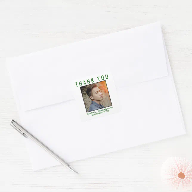 Thank You Graduation Green Black Custom Photo Square Sticker | Zazzle