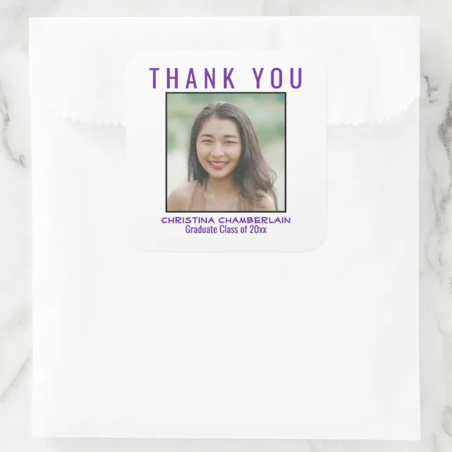 Thank You Graduation Purple Black Custom Photo Square Sticker | Zazzle