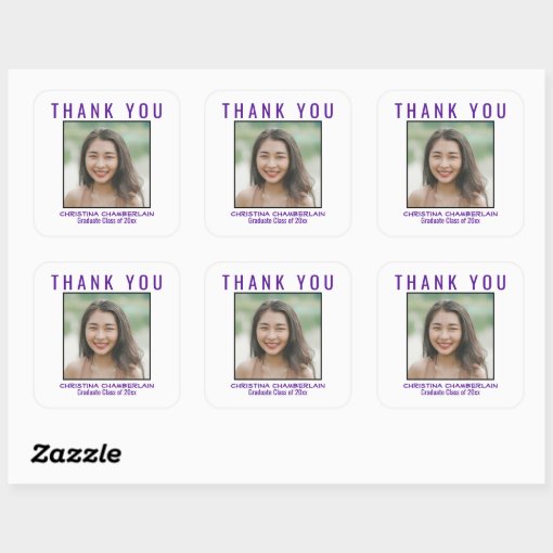 Thank You Graduation Purple Black Custom Photo Square Sticker | Zazzle