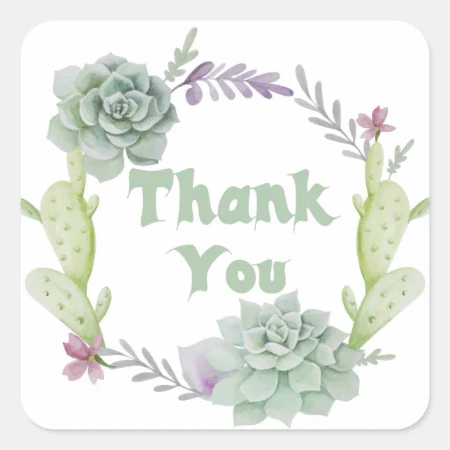 Thank You Green Succulent And Cactus Floral Wreath Square Sticker | Zazzle