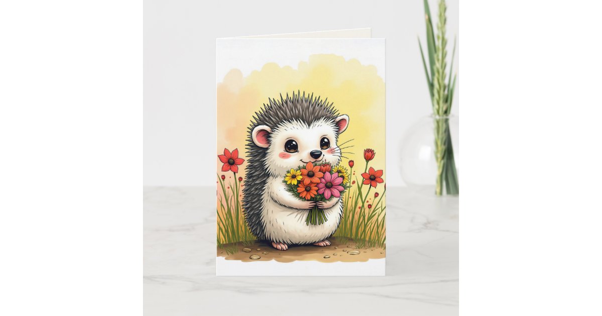 Thank You Hedgehog With Flower Bunch Card | Zazzle