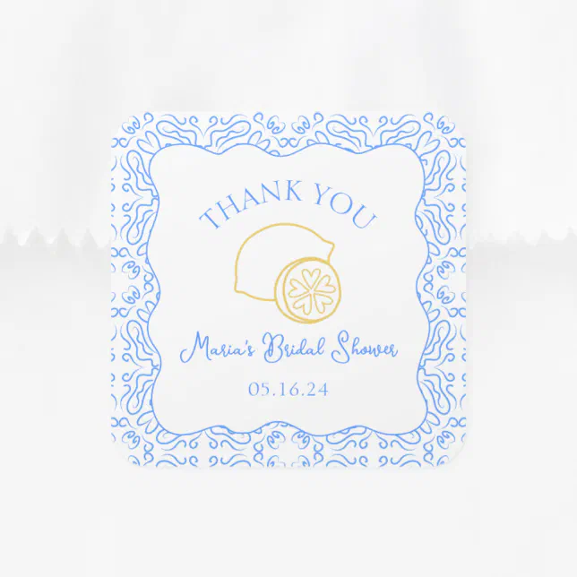 Thank You Lemon Blue Tiles Custom Bridal Shower Square Sticker | Zazzle