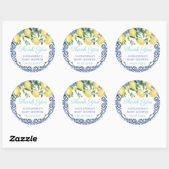 Thank You Lemons Teal Positano Bridal Shower Favor Classic Round ...
