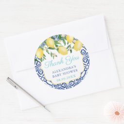 Thank You Lemons Teal Positano Bridal Shower Favor Classic Round ...