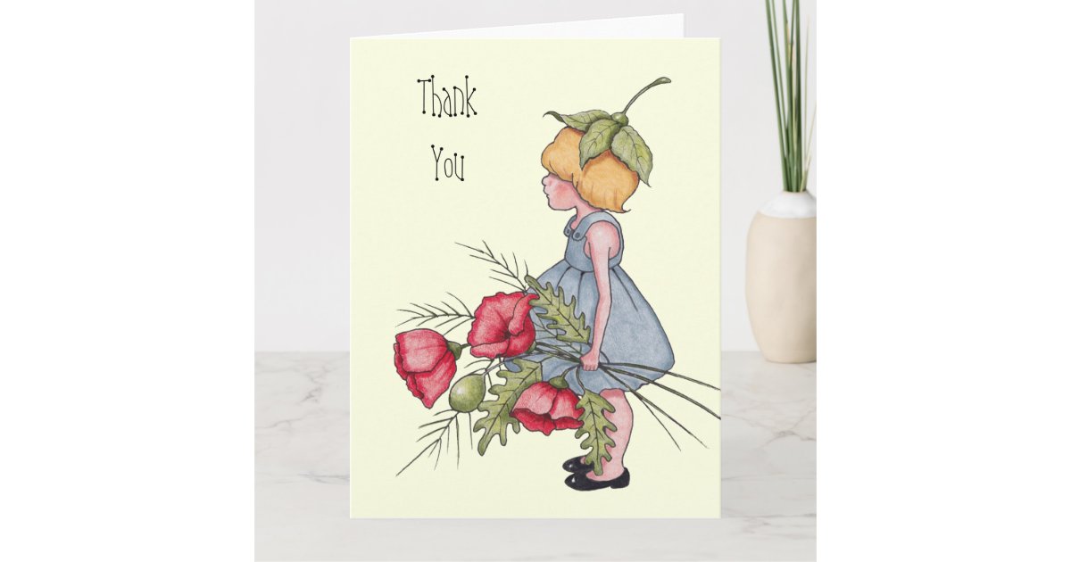 Thank You, Little Girl with Poppy Flowers, Art Thank You Card | Zazzle