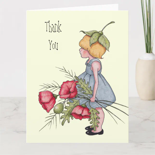 Thank You, Little Girl with Poppy Flowers, Art Thank You Card | Zazzle
