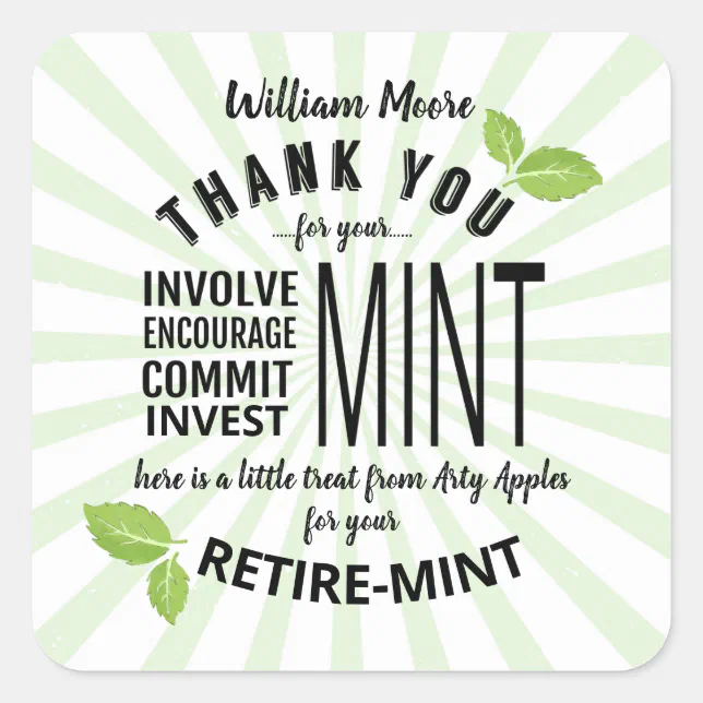 thank you mint retirement involvement commitment square sticker | Zazzle