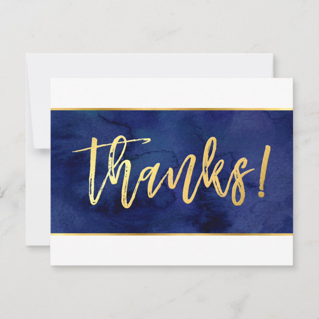 THANK YOU modern navy blue watercolor gold writing | Zazzle