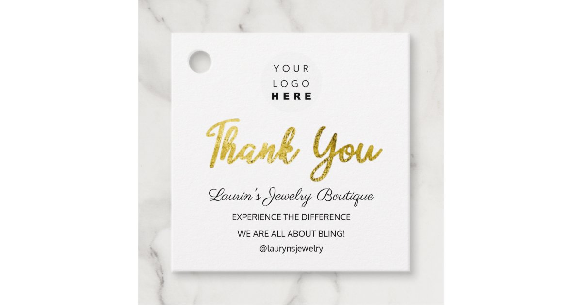 Thank You Name Logo QR Code Gold White Jewelry Favor Tags | Zazzle