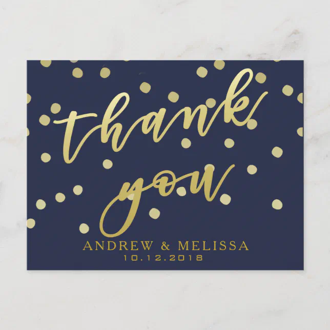 Thank you | Navy & Faux Gold Script Postcard | Zazzle
