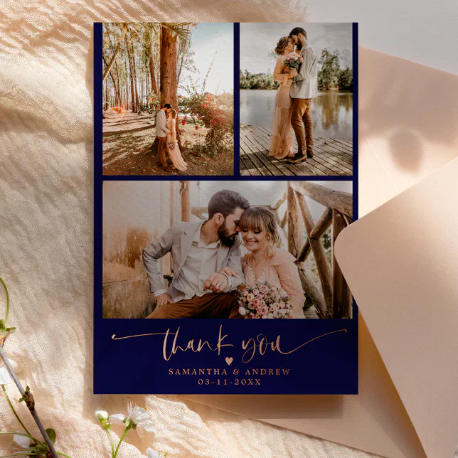 Thank you navy script heart 6 photos wedding foil invitation | Zazzle