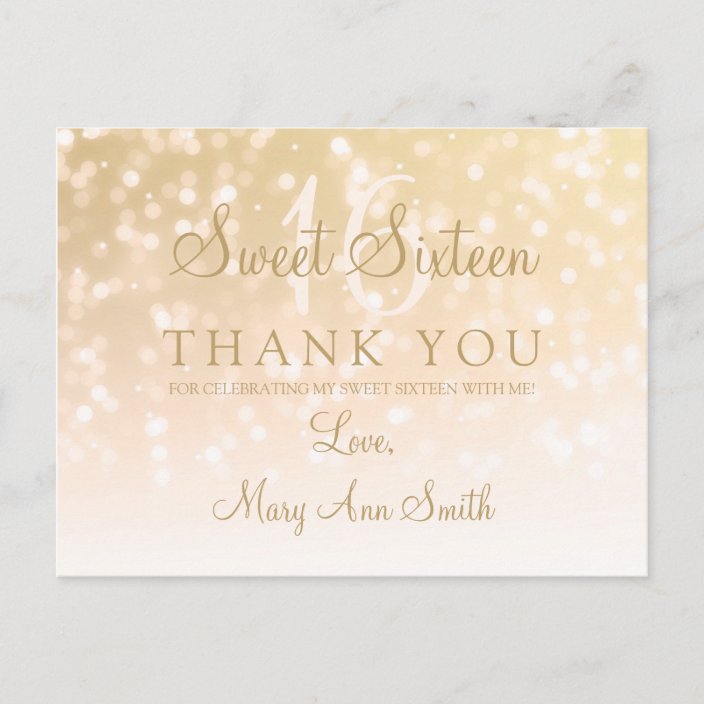 Thank You Note Sweet 16 Gold Bokeh Sparkle Lights Postcard | Zazzle.com